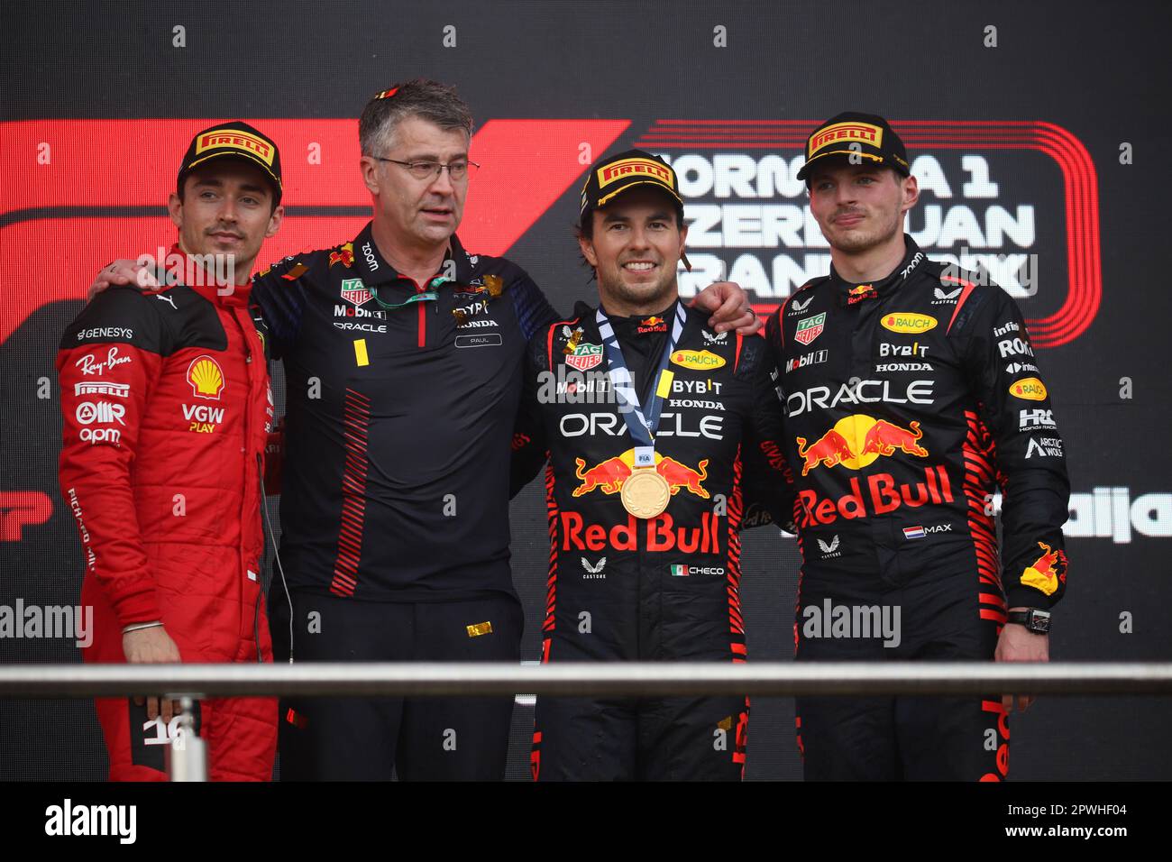 BAKU, AZERBAIJAN, 30. April 2023; PODIUM, Race winner Sergio Perez of ...
