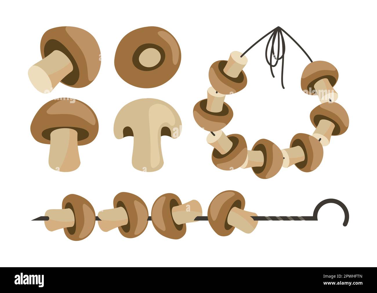 Mushrooms on string and skewer vector illustrations set Stock Vector ...