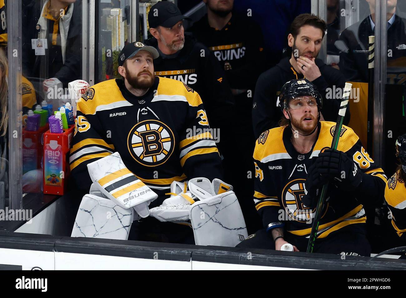 Boston Bruins' Linus Ullmark (35) sits on the bench during the second ...