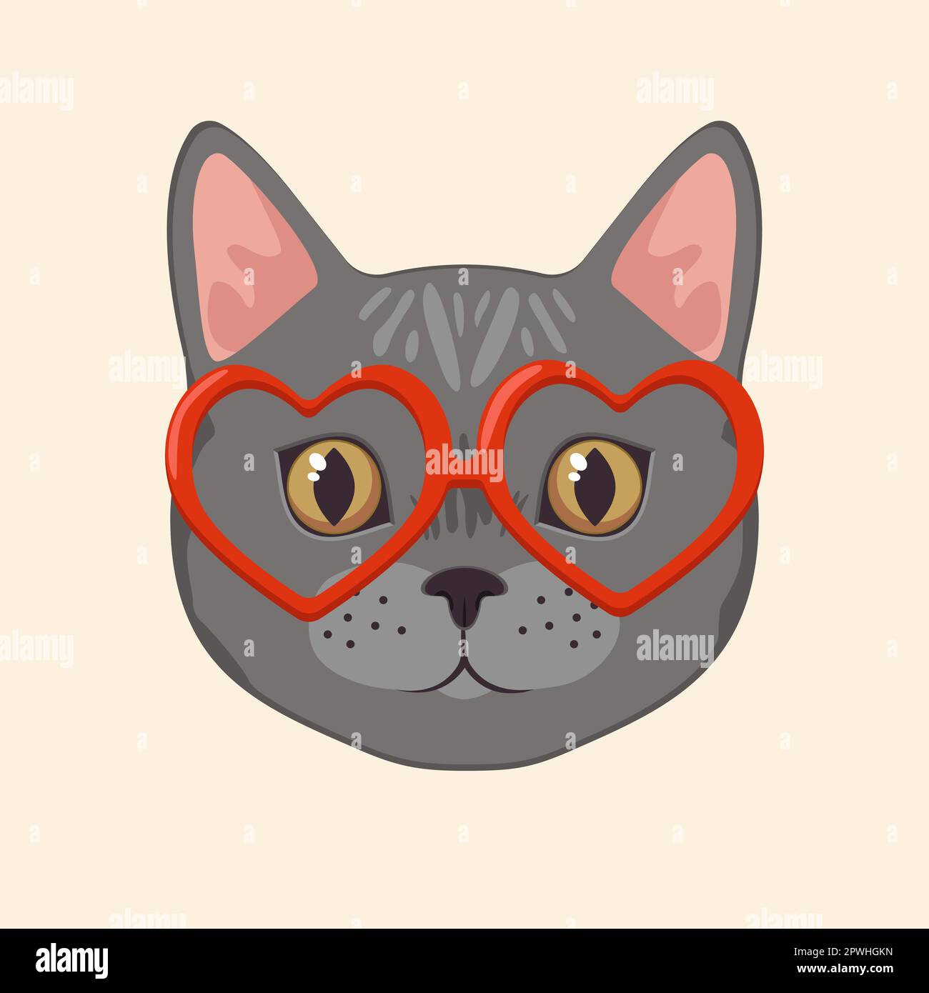 Cute grey cat head with heart glasses cartoon illustration Stock Vector ...