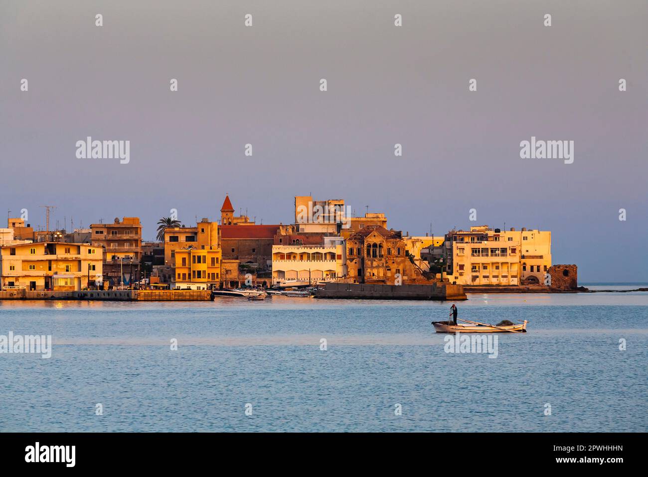 Morning view of old Tyre peninsula, from main land, mediterranean sea ...