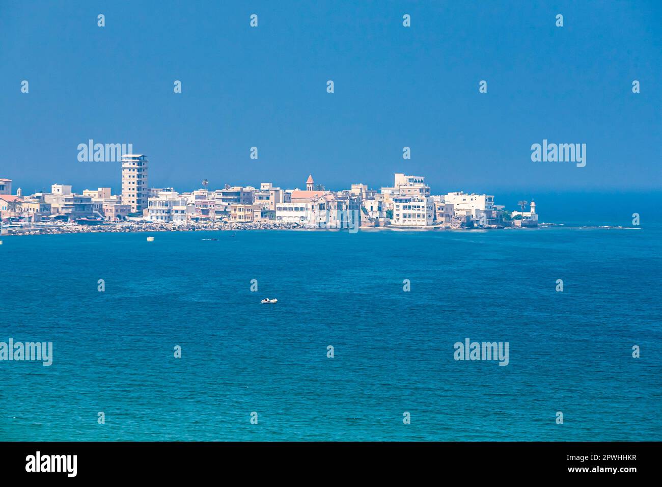 Distant view of old Tyre peninsula(ancient island area), from main land ...