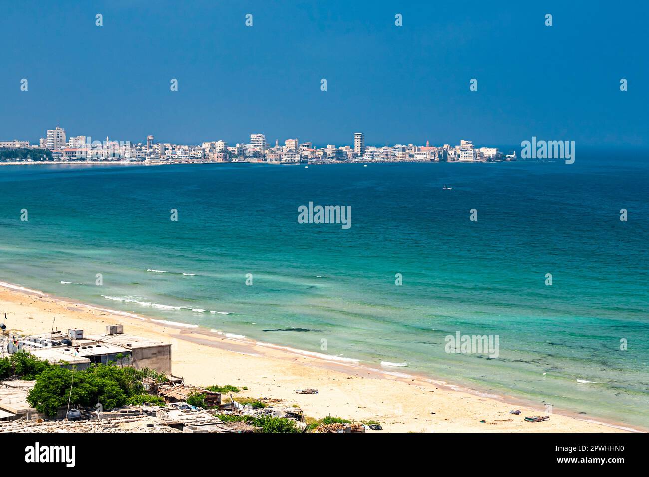 Distant view of old Tyre peninsula, from main land, mediterranean sea ...