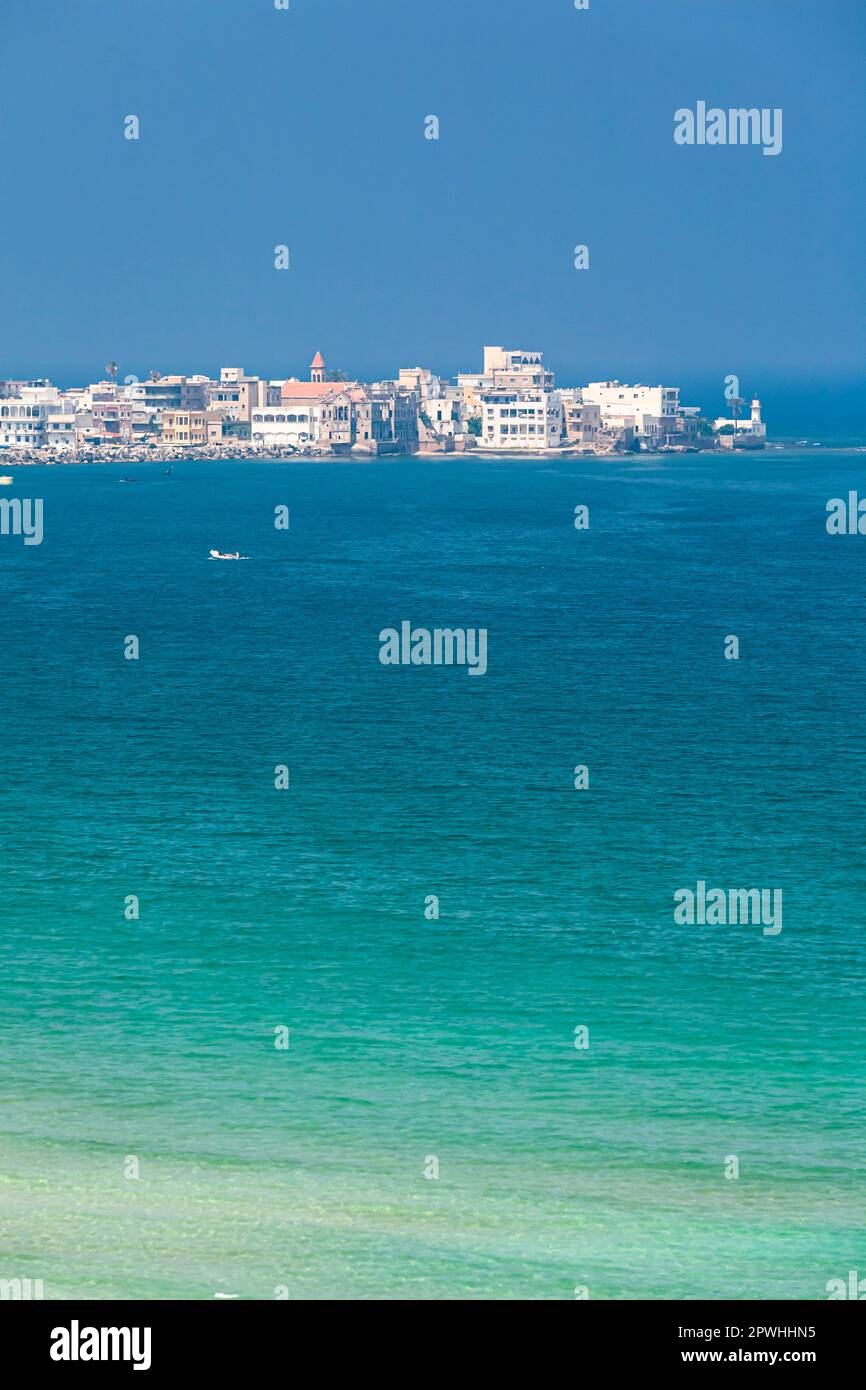 Distant view of old Tyre peninsula(ancient island area), from main land ...