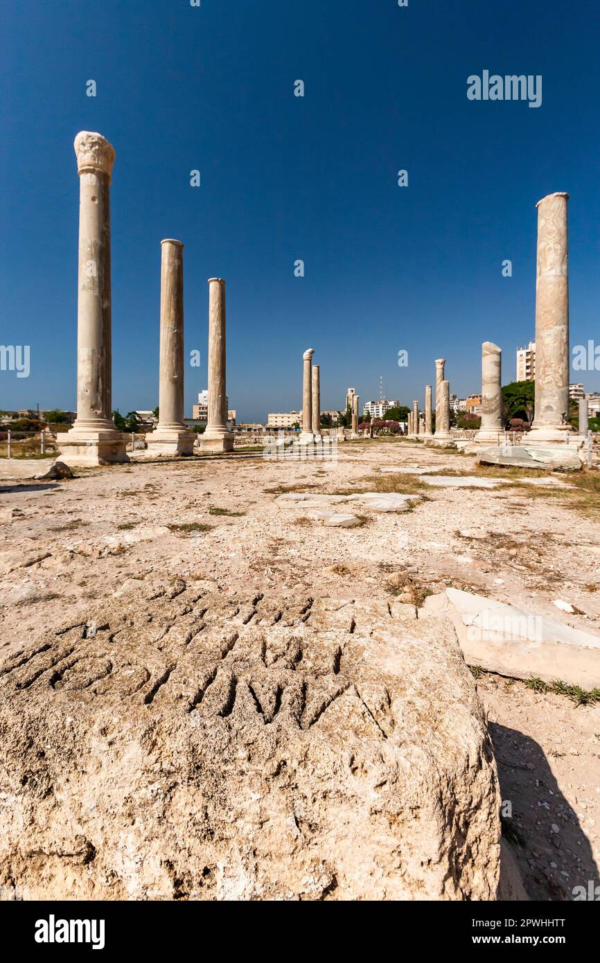 Roman ruins and columns at tip of Tyre peninsula, mediterranean sea ...