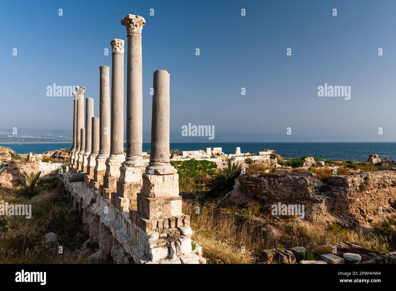 Roman columns at tip of Tyre peninsula, mediterranean sea, Tyre(Sour ...