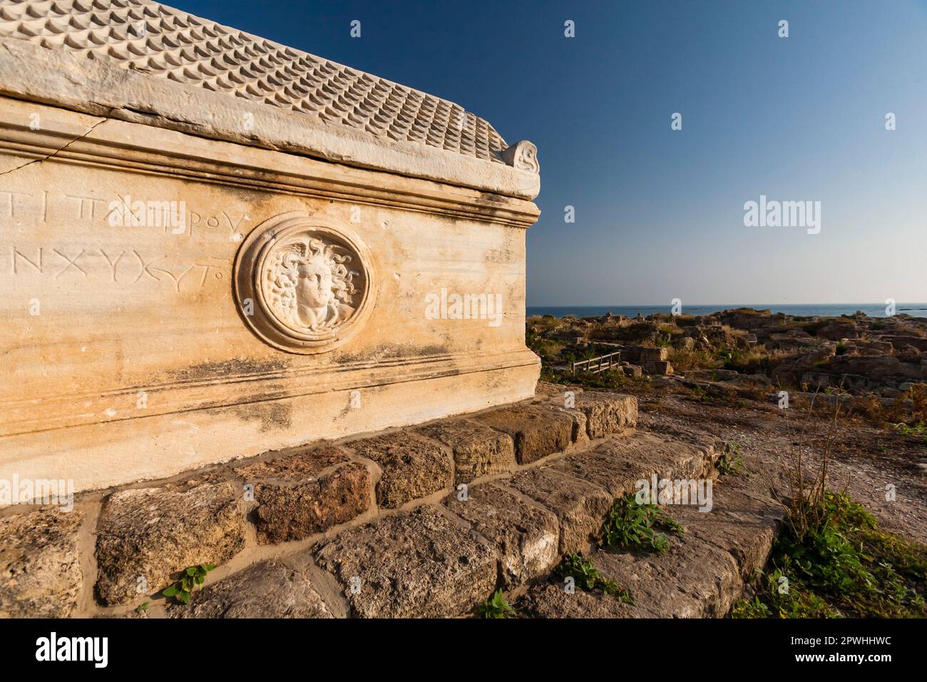 Stone sarcophagus with carvings, at tip of Tyre peninsula, Tyre(Sour ...