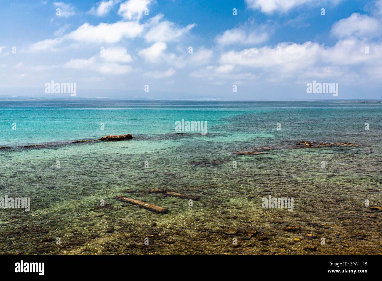 Mediterranean sea, rock reef, ancient stone column under water, tip of ...