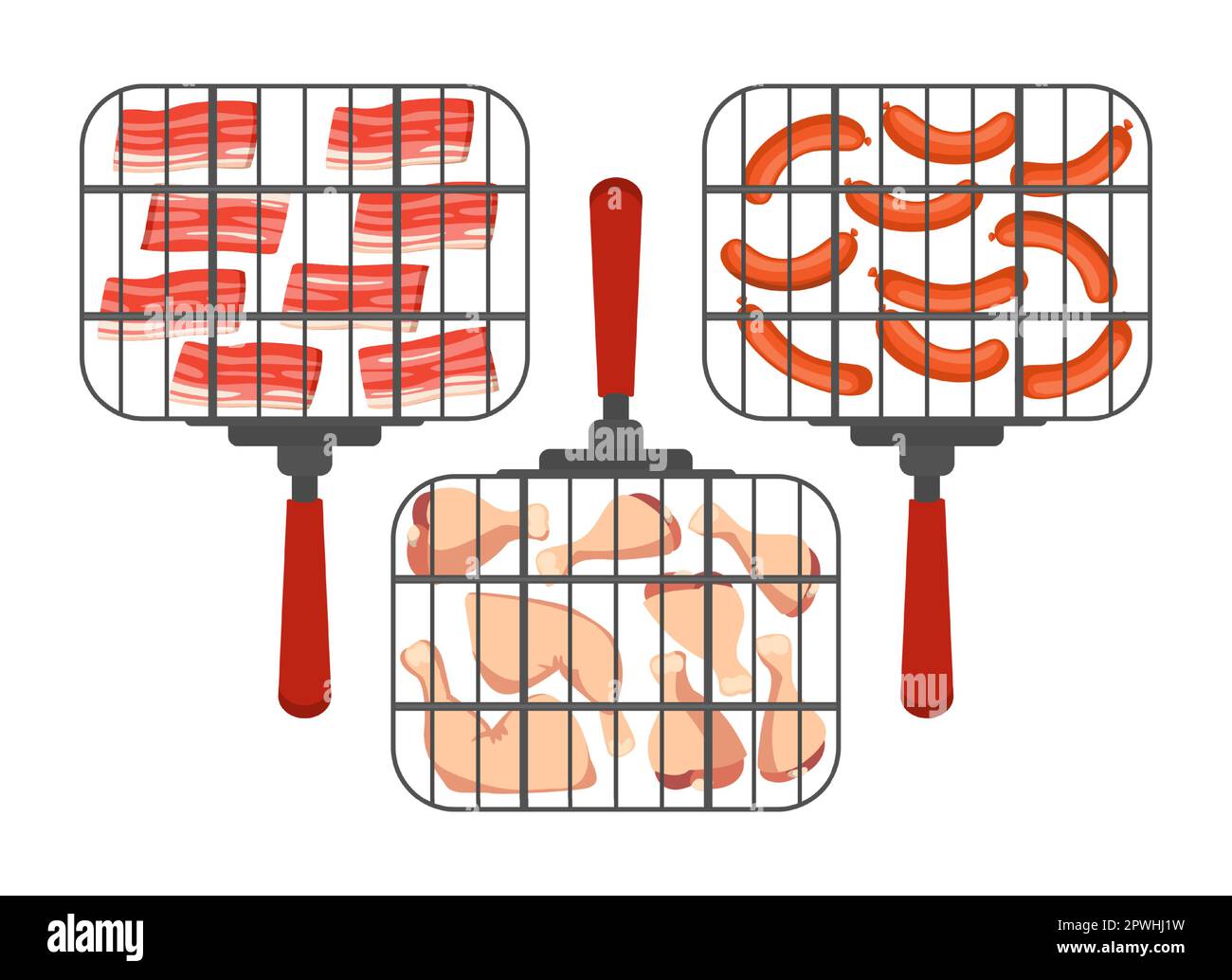 Grill baskets with different meat vector illustrations set Stock Vector ...