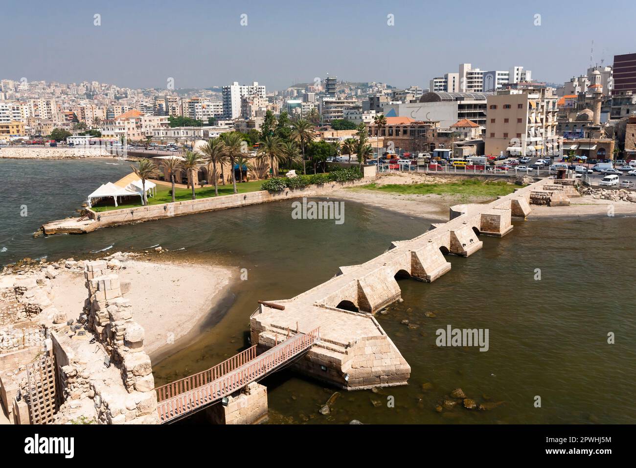 Causeway of Sidon sea castle and city view, mediterranean sea, Sidon ...