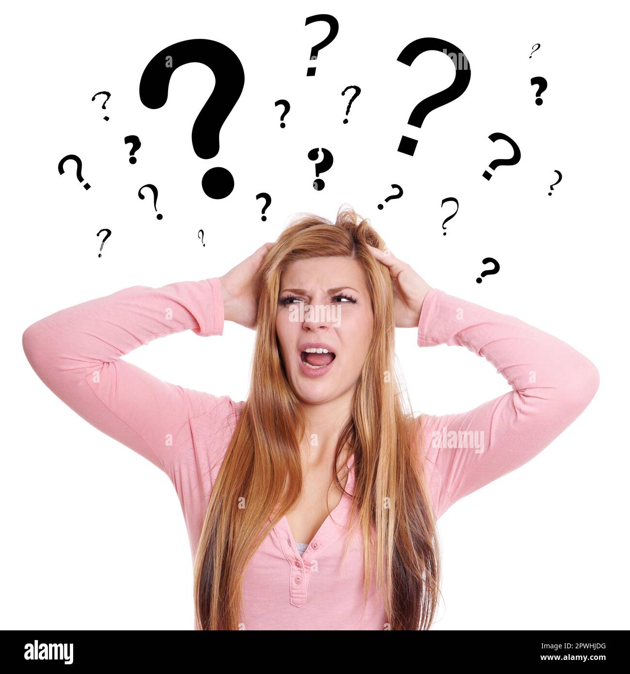 Desperate Young Woman Is Looking Utterly Confused With Question Marks