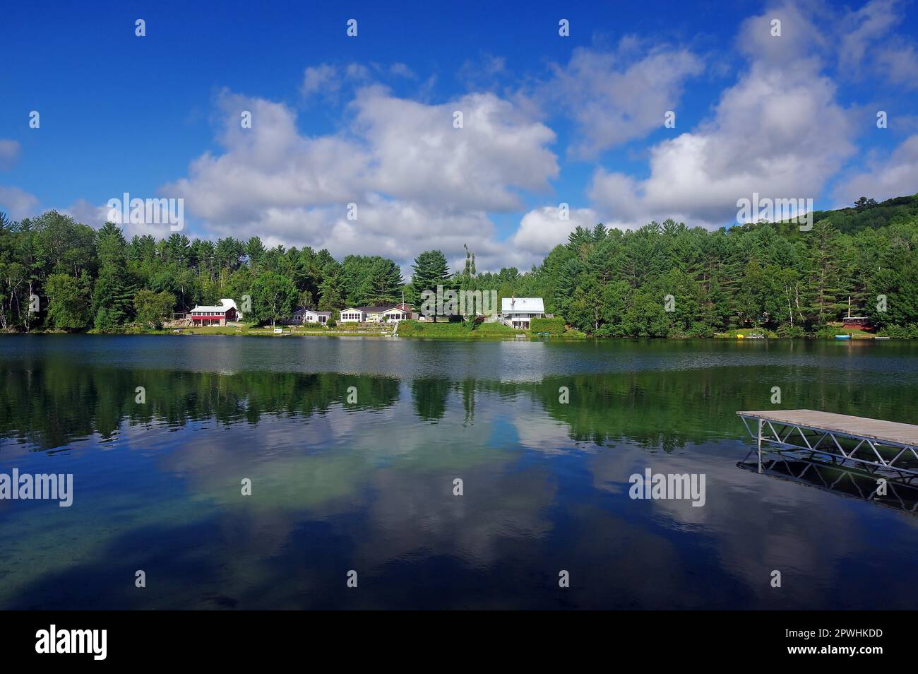 Small lake with bathing jetty and few houses, Quebec, Canada Stock ...