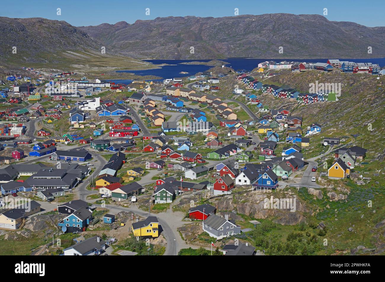View over a small town, rugged mountain landscape, Qaqortoq, Kujalleq ...