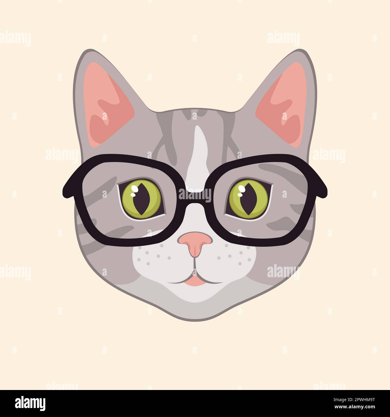 Cute grey cat head with black glasses cartoon illustration Stock Vector ...
