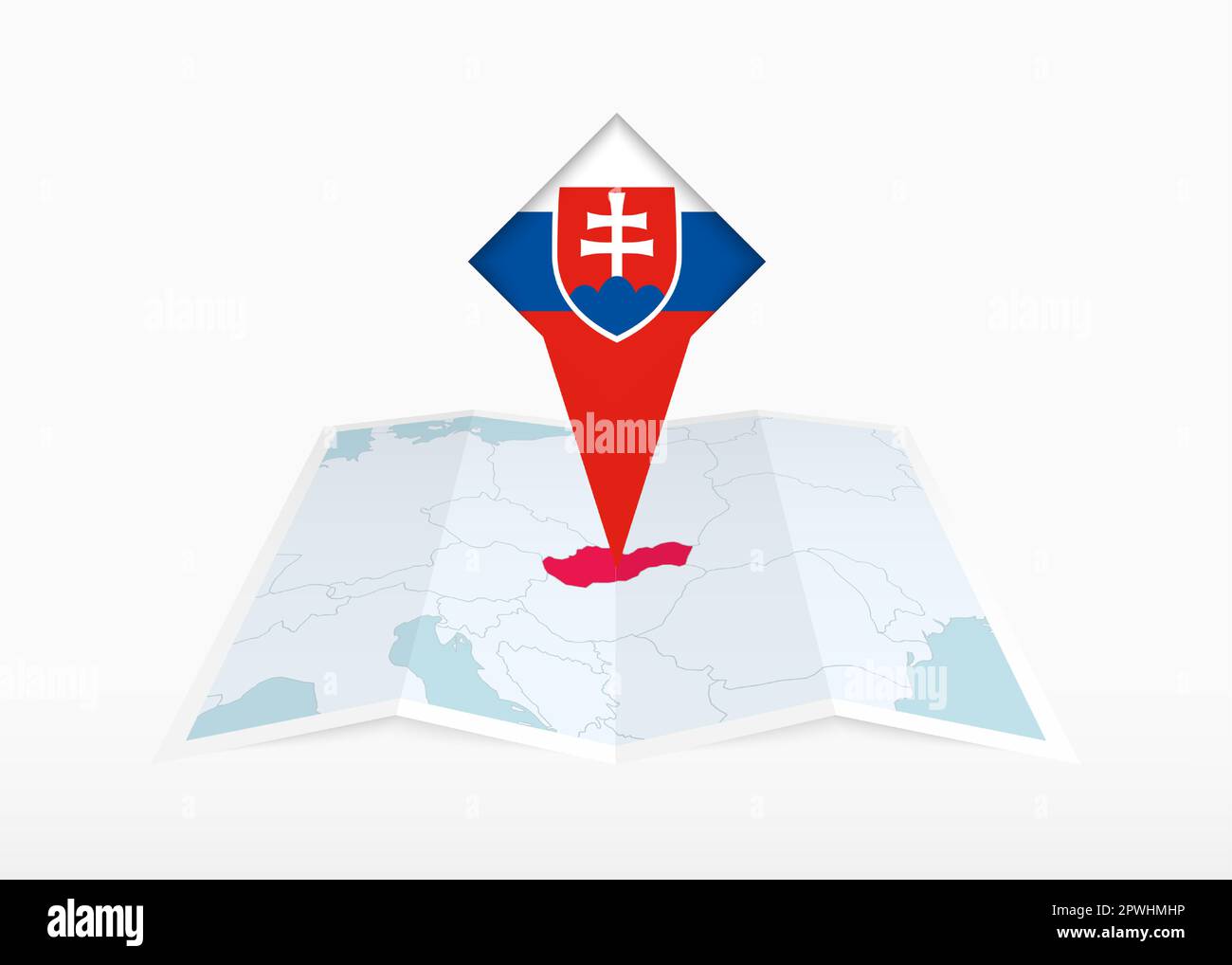 Slovakia is depicted on a folded paper map and pinned location marker ...