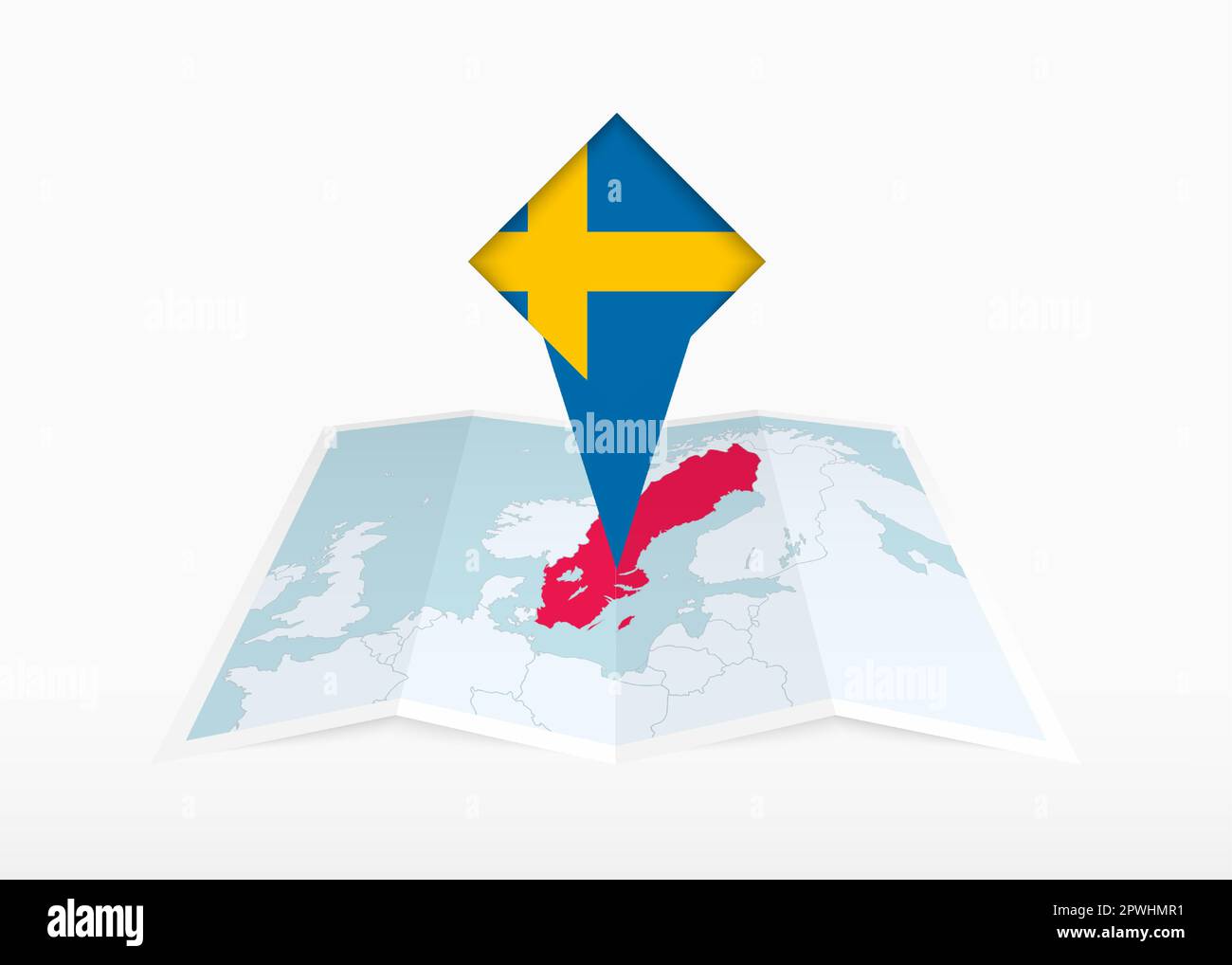 Sweden is depicted on a folded paper map and pinned location marker ...