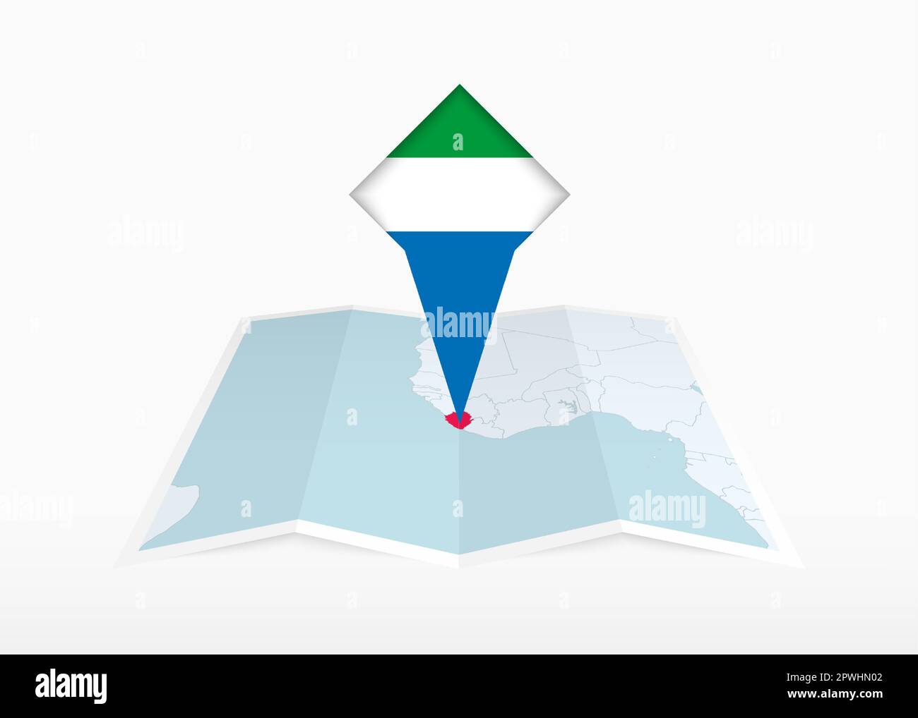 Sierra Leone is depicted on a folded paper map and pinned location marker with flag of Sierra ...