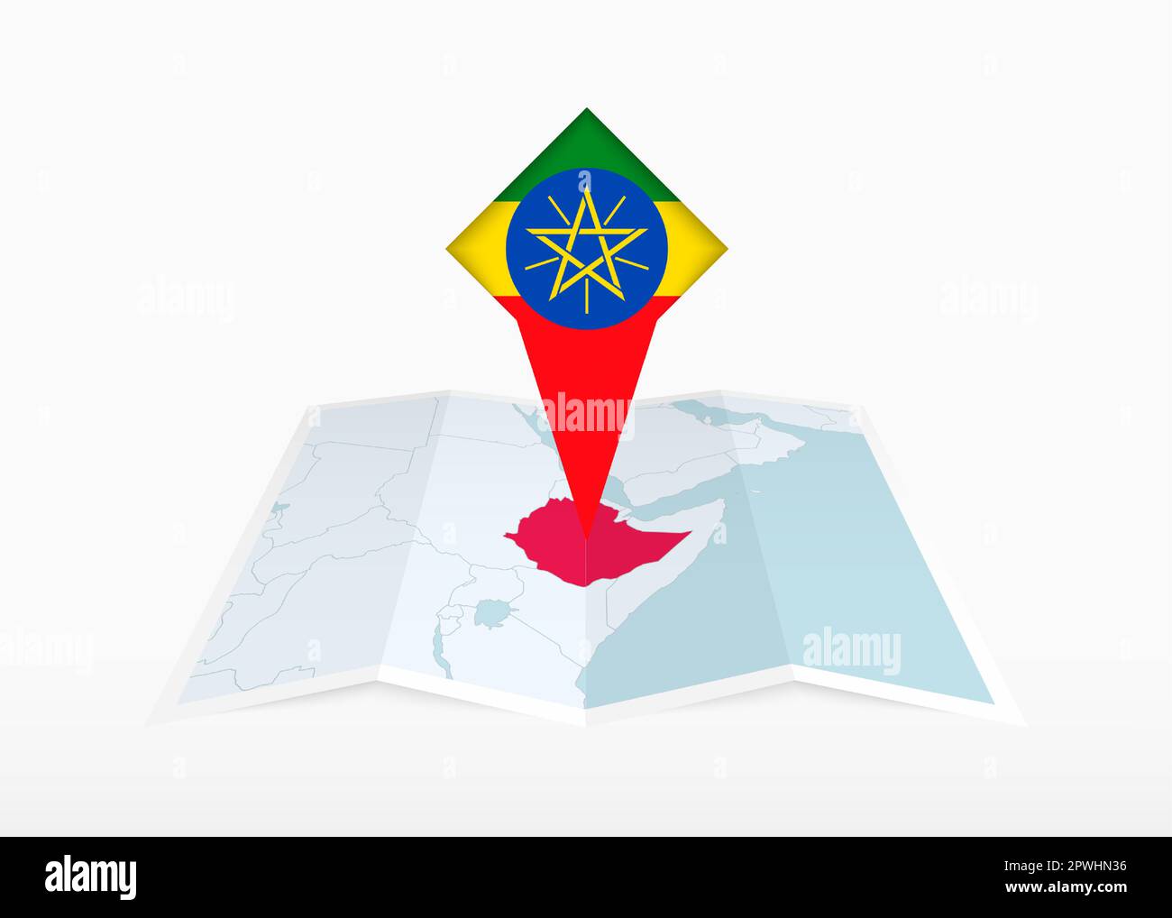 Ethiopia is depicted on a folded paper map and pinned location marker with flag of Ethiopia ...