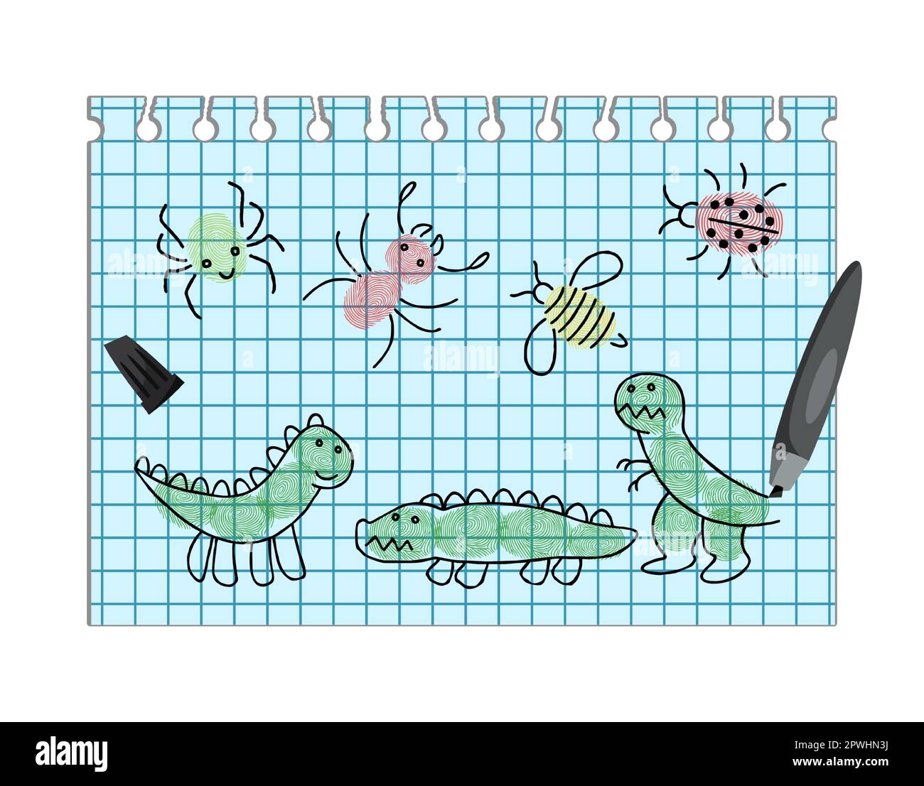 Childish drawing of insects and dinosaurs vector illustration Stock ...