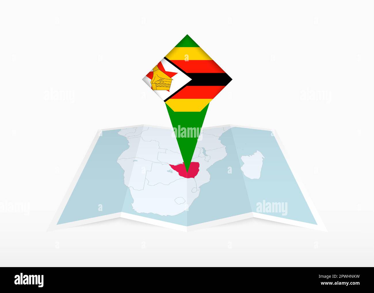 Zimbabwe is depicted on a folded paper map and pinned location marker with flag of Zimbabwe ...