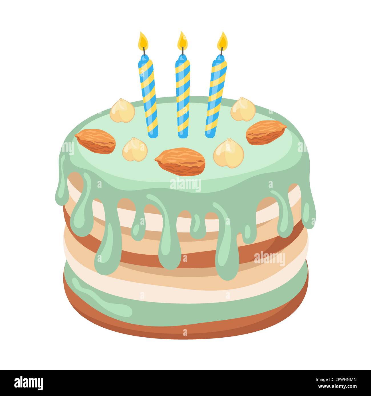 Birthday cake with candles and almond nuts, cartoon vector illustration ...