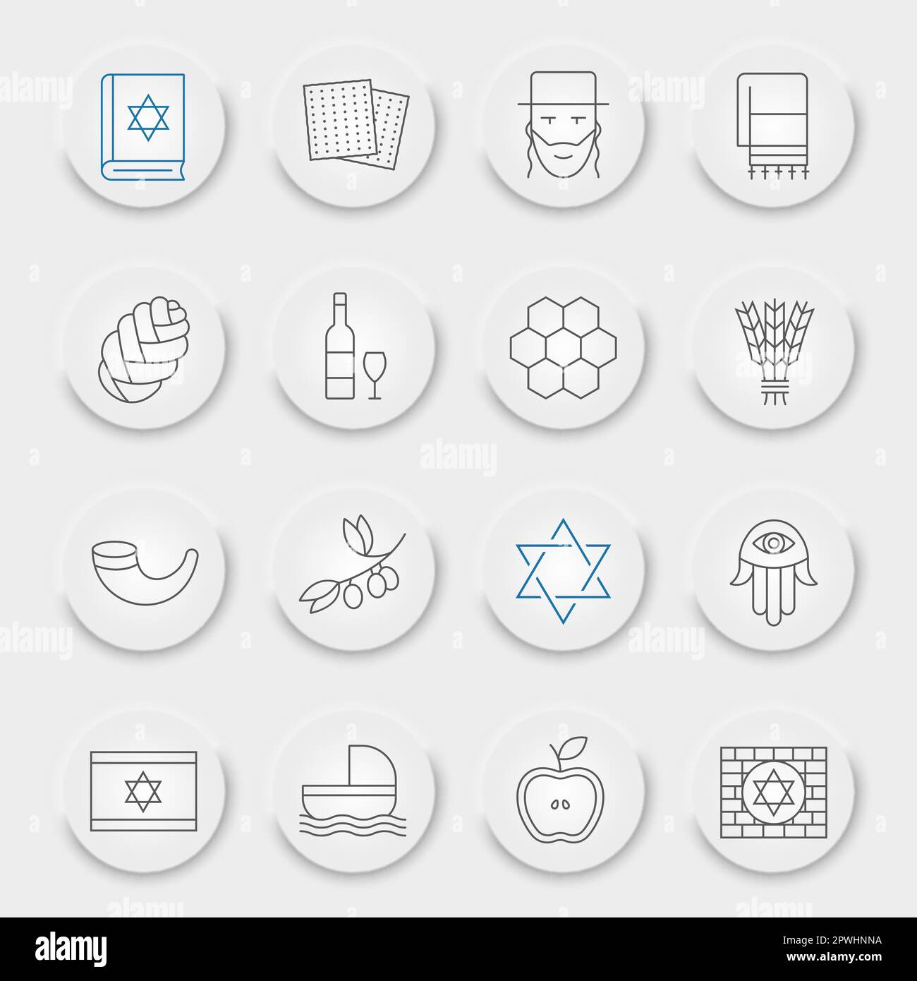 Rosh Hashanah line icon set, shana tova symbols collection, vector sketches, neumorphic UI UX ...