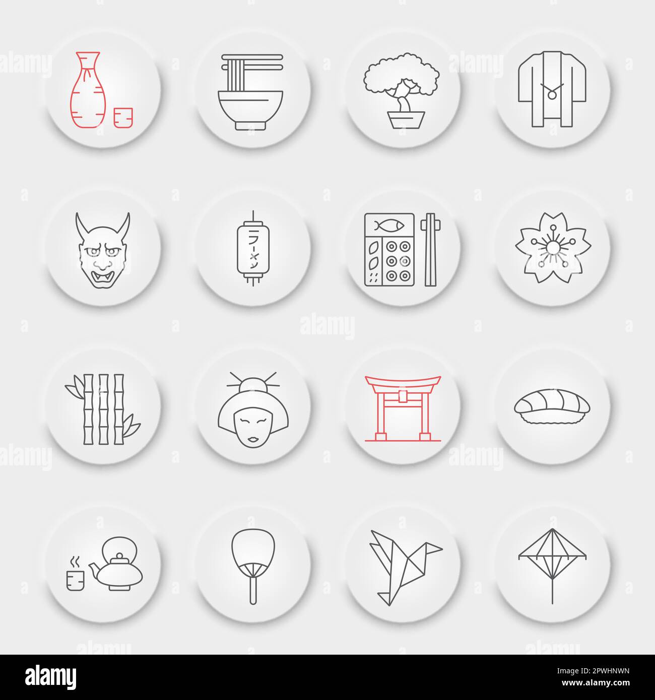 Japan line icon set, japanese food symbols collection, vector sketches, neumorphic UI UX buttons ...