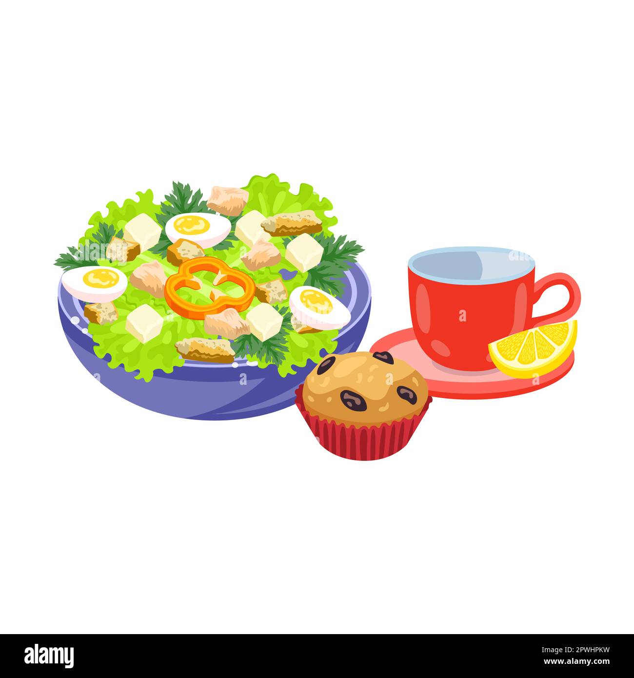 Breakfast cartoon illustration. Porridge with fruits, vegetable salad ...