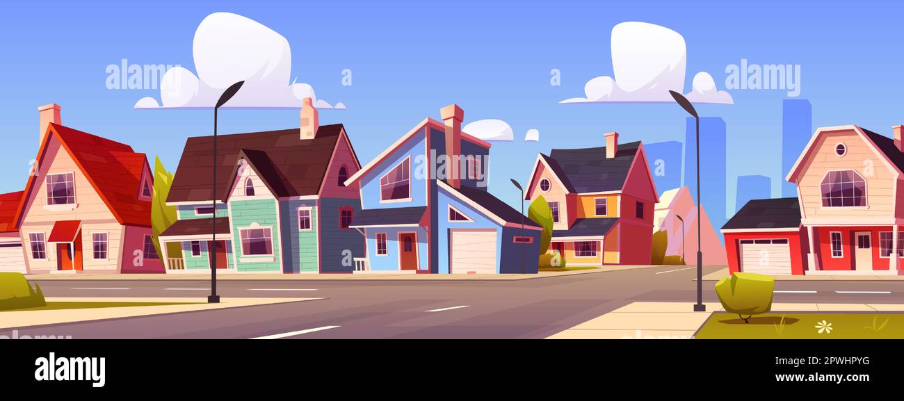 Suburban village street with house building vector cartoon landscape ...