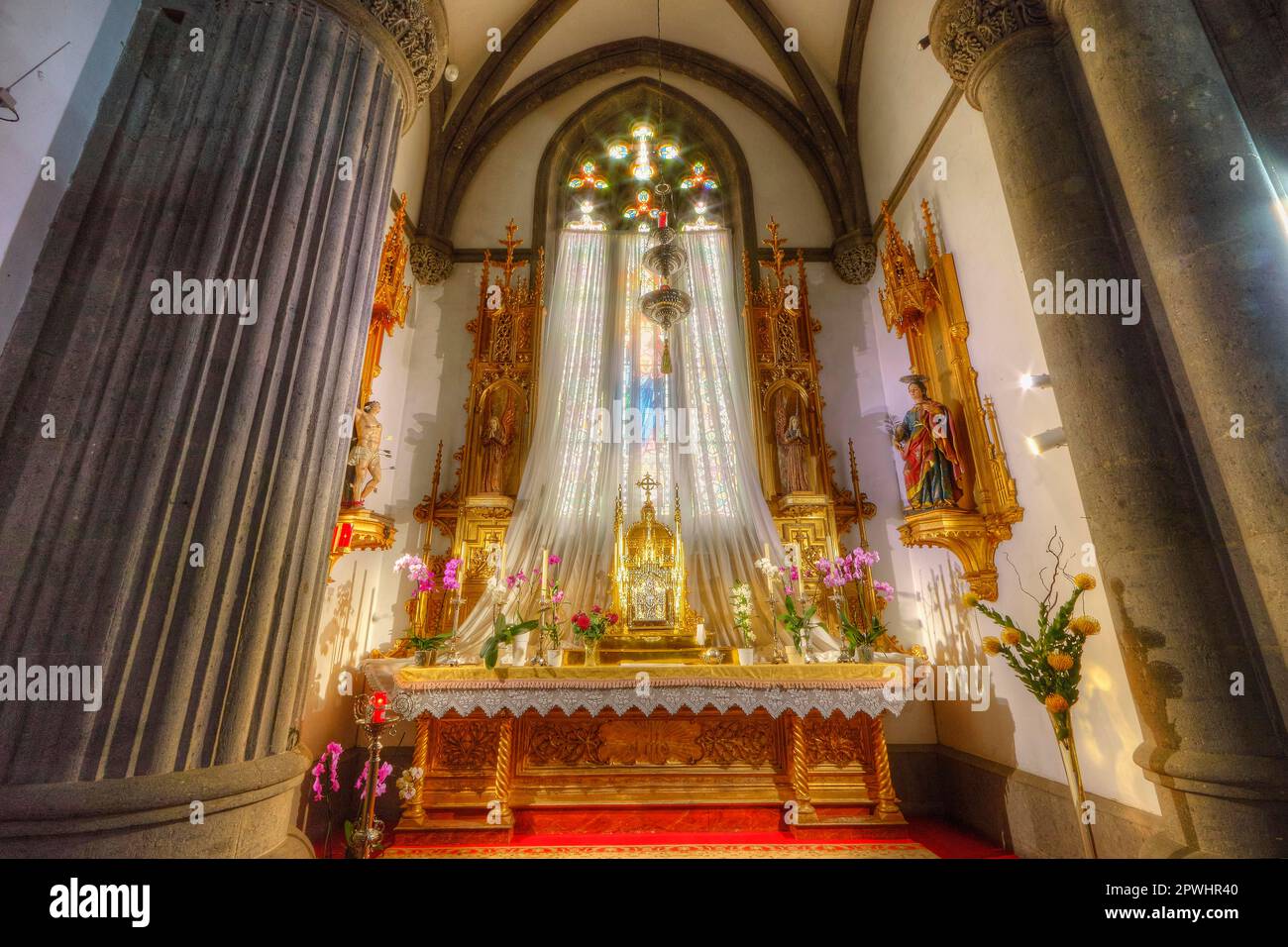 Arucas Cathedral, interior, side altar, stained glass window, altar ...