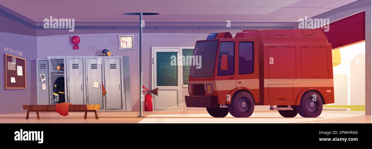 Fire station garage with truck cartoon background illustration ...