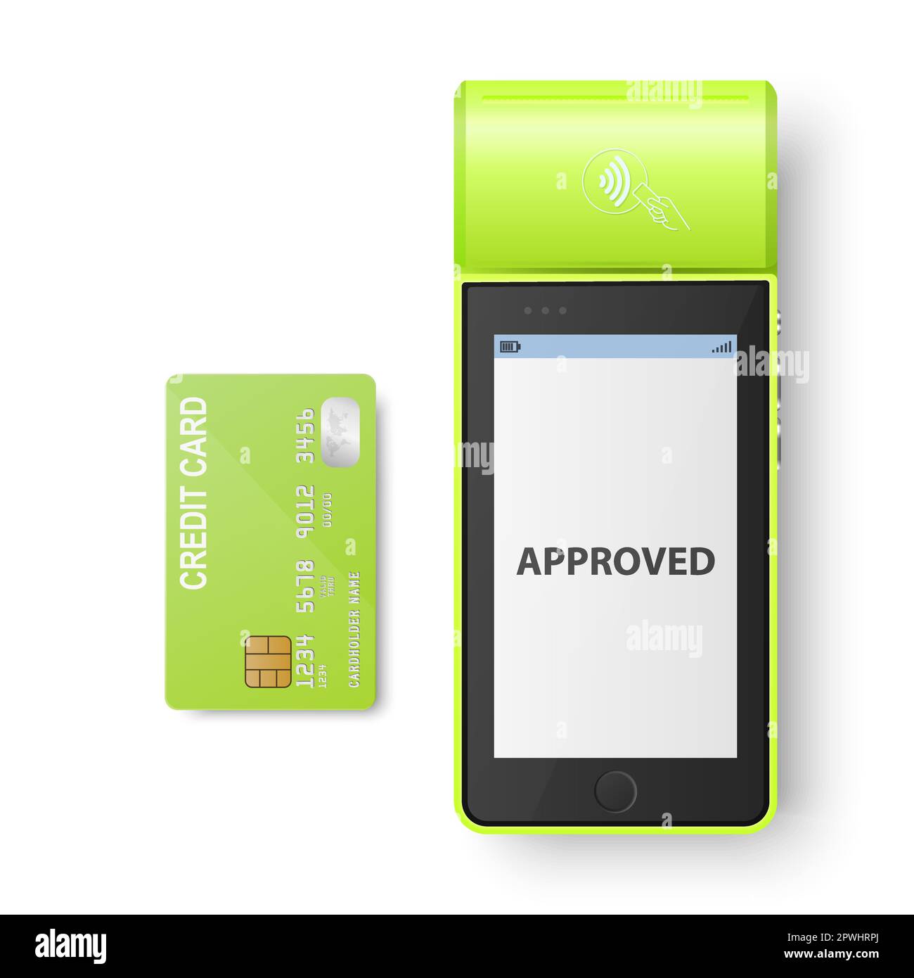 Vector 3d Green NFC Payment Machine with Approved Status and Green Credit Card. Wi-fi, Wireless ...
