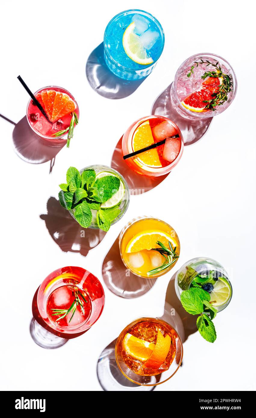 Summer cocktails drinks set. Assortment of multicolored strong and low ...