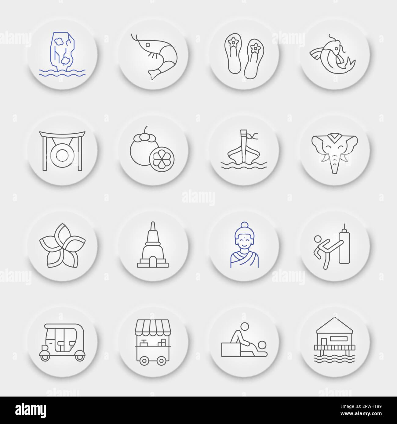 Thailand Line Icon Set Thai Symbols Collection Vector Sketches Neumorphic Ui Ux Buttons Asia