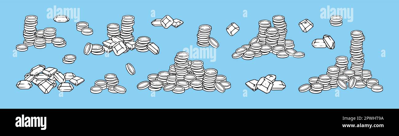 Coin stacks and piles with gem stones. Game currency with prescious ...