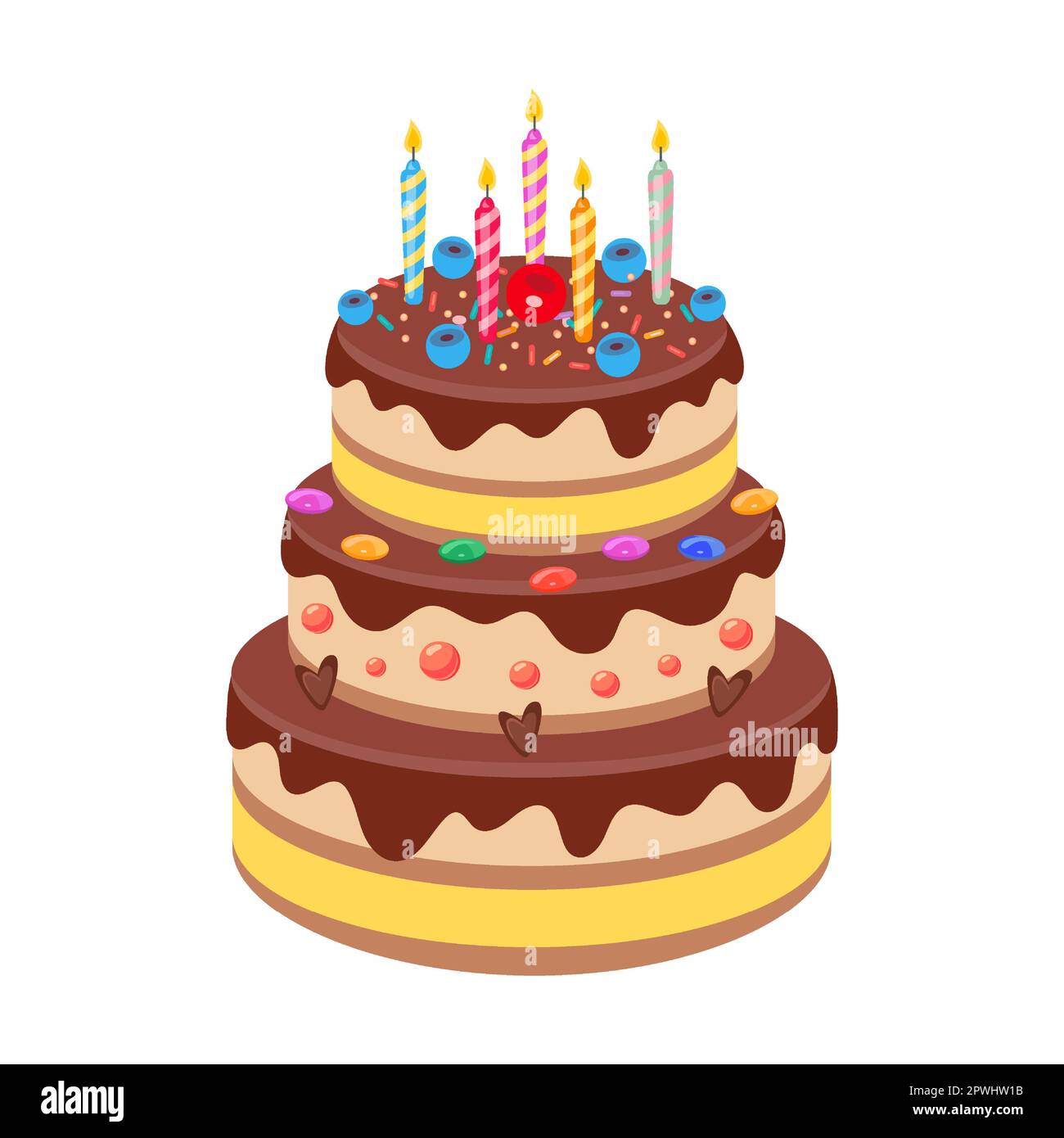 Birthday high longline cake with candles cartoon vector illustration ...