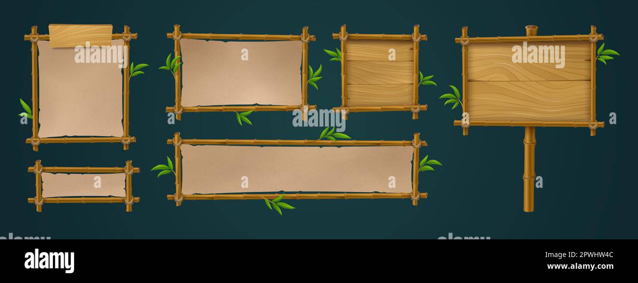 Wooden bamboo sign board frame game ui vector set. Wooden signboard ...