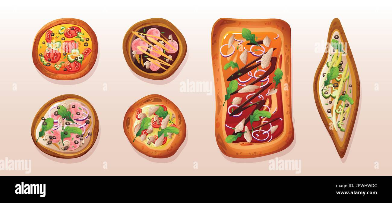 Isolated pizza top view vector icon illustration set. Round margherita ...