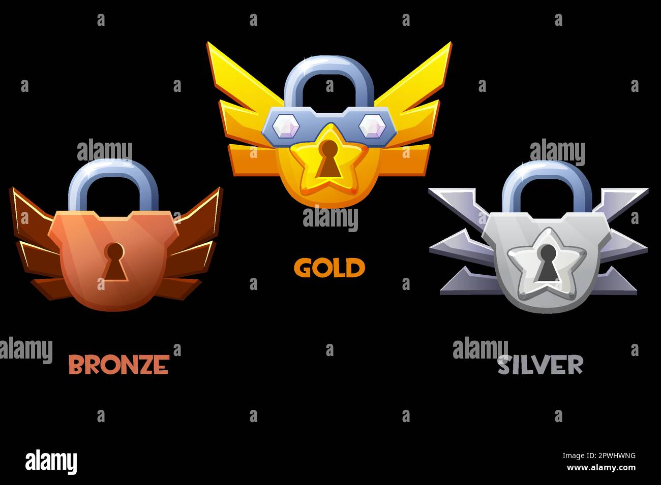 Bronze, silver and golden padlock. level symbol. Award game icons Stock ...