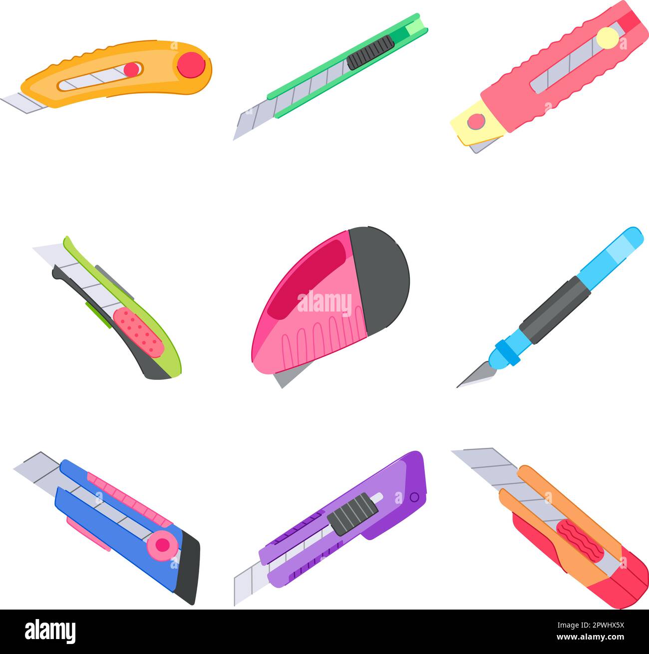 cutter knife set cartoon. box paper, utility blade, tool sharp, office ...