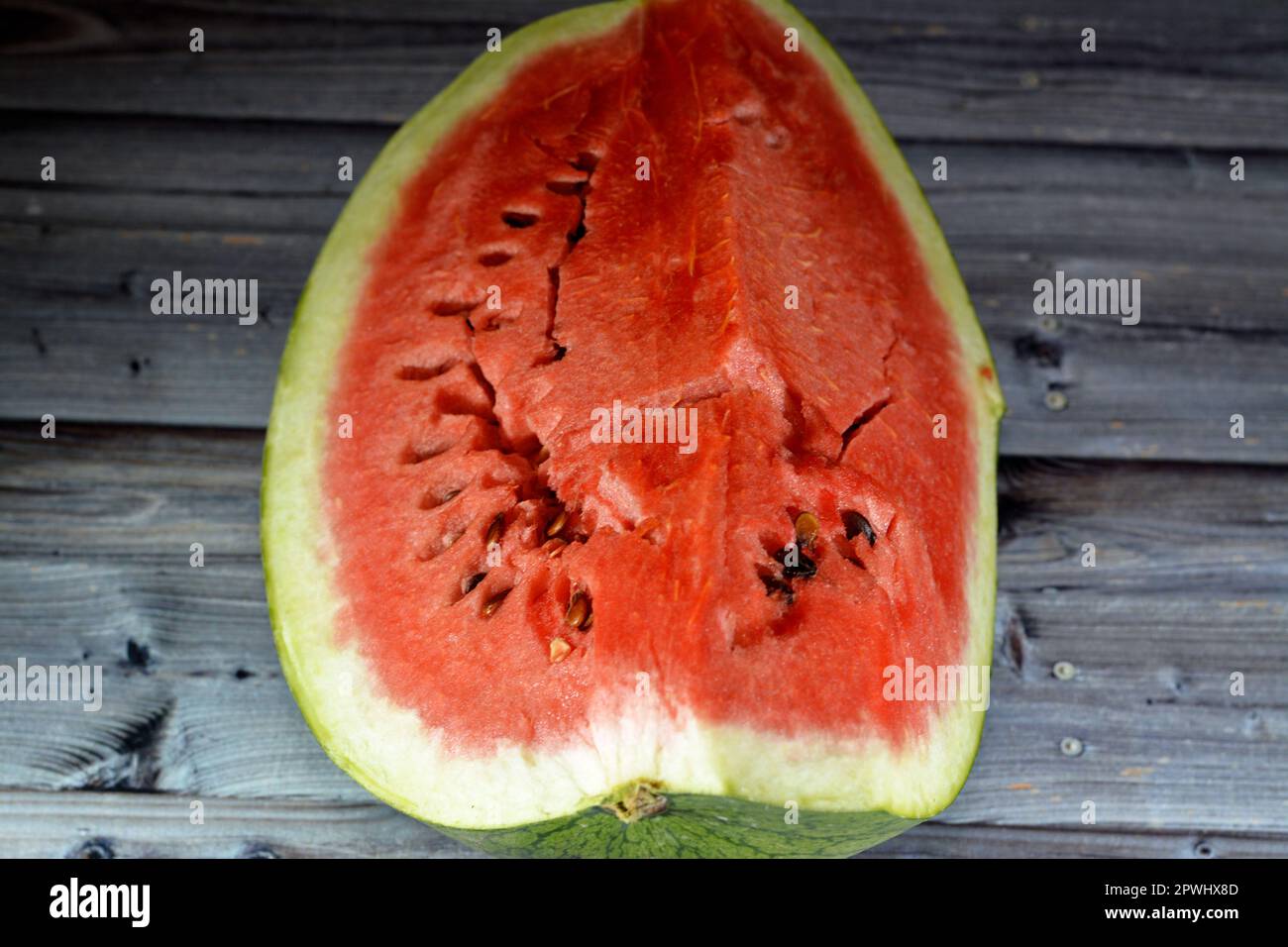 A quarter of watermelon fruit cut piece with seeds and its green shell ...
