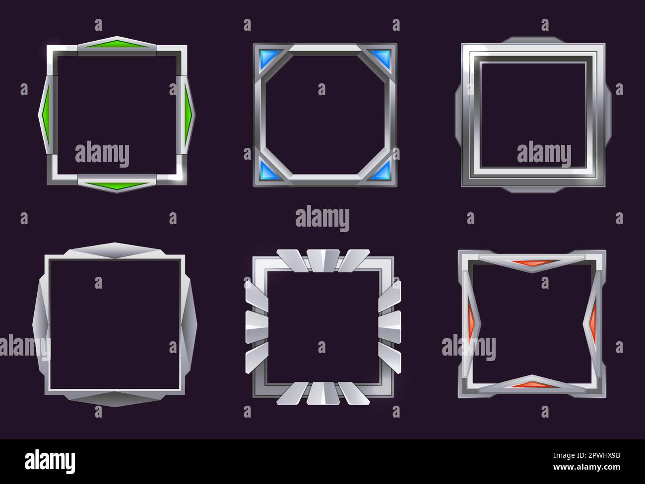 Game Ui Square Frame Silver Frames With Colorful Gemstones