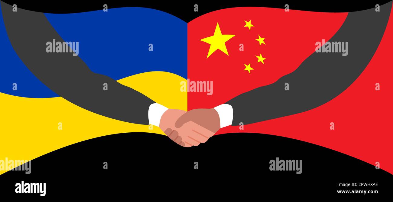 Handshake of two hands on the background of the flags of China and ...
