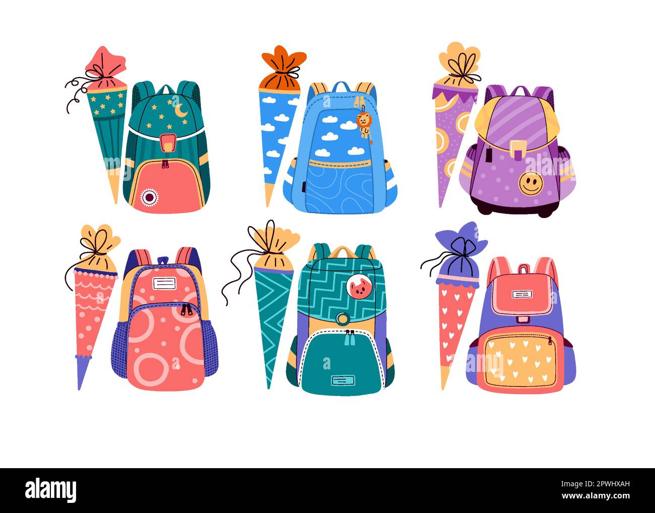 School backpack with candy cones for first grader.Vector cartoon ...