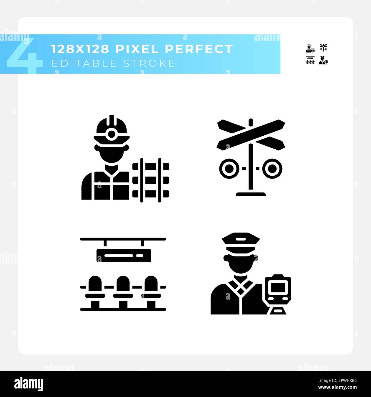 Railroad infrastructure pixel perfect black glyph icons set on white ...