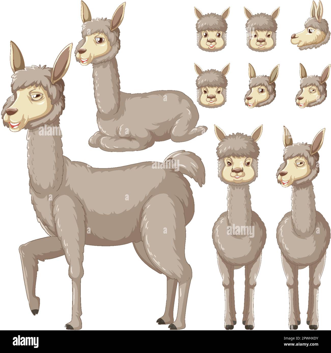Set of alpaca cartoon character with head and facial expression ...