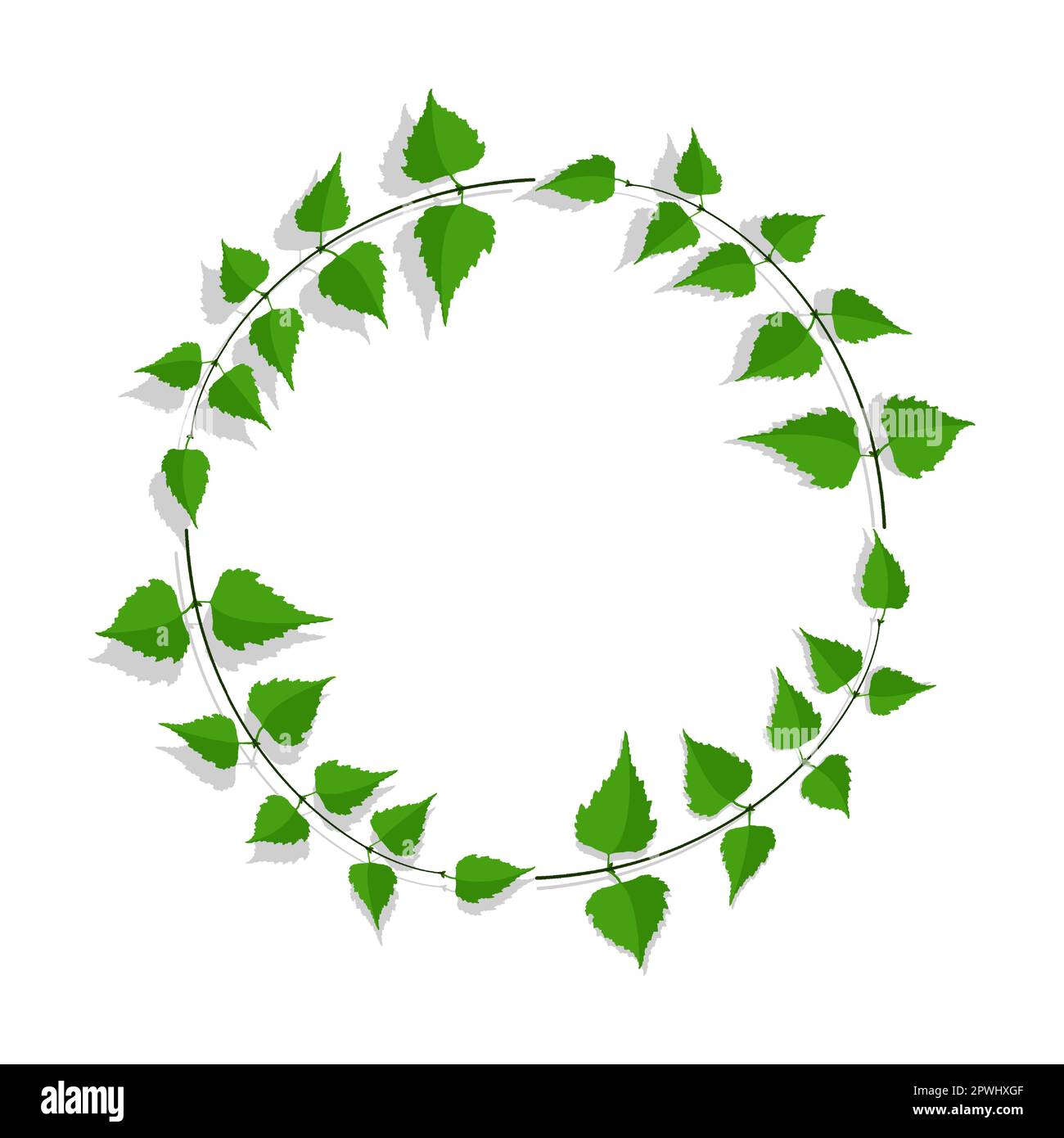 Frame made of thin birch twigs and green leaves. Floral ornament for ...