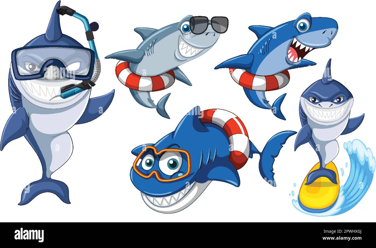 Shark Doing Different Activities Cartoon Characters illustration Stock ...