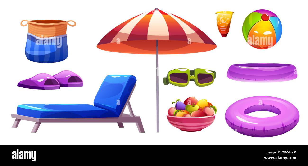 Cartoon beach accessories set isolated on white background. Vector ...