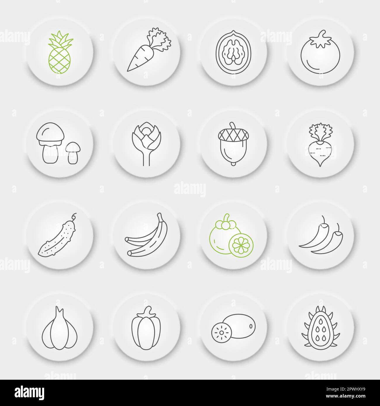 Fruits and vegetables line icon set, food symbols collection, vector sketches, neumorphic UI UX ...